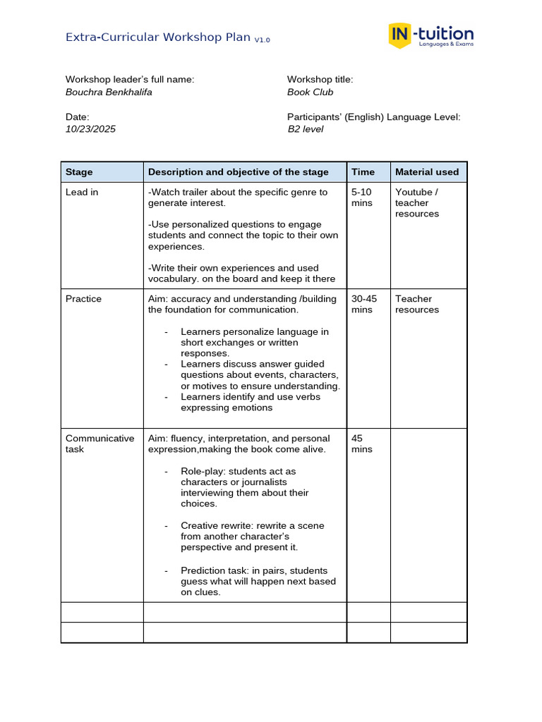 Extracurricular Workshop Plan Template | PDF