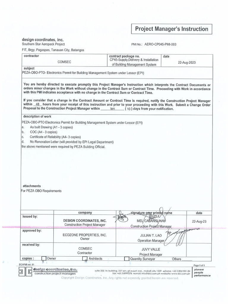 AERO-CP45-PMI-003-PEZA-OBO-PTO Electronics Permit For Building Management System Under Lessor ...