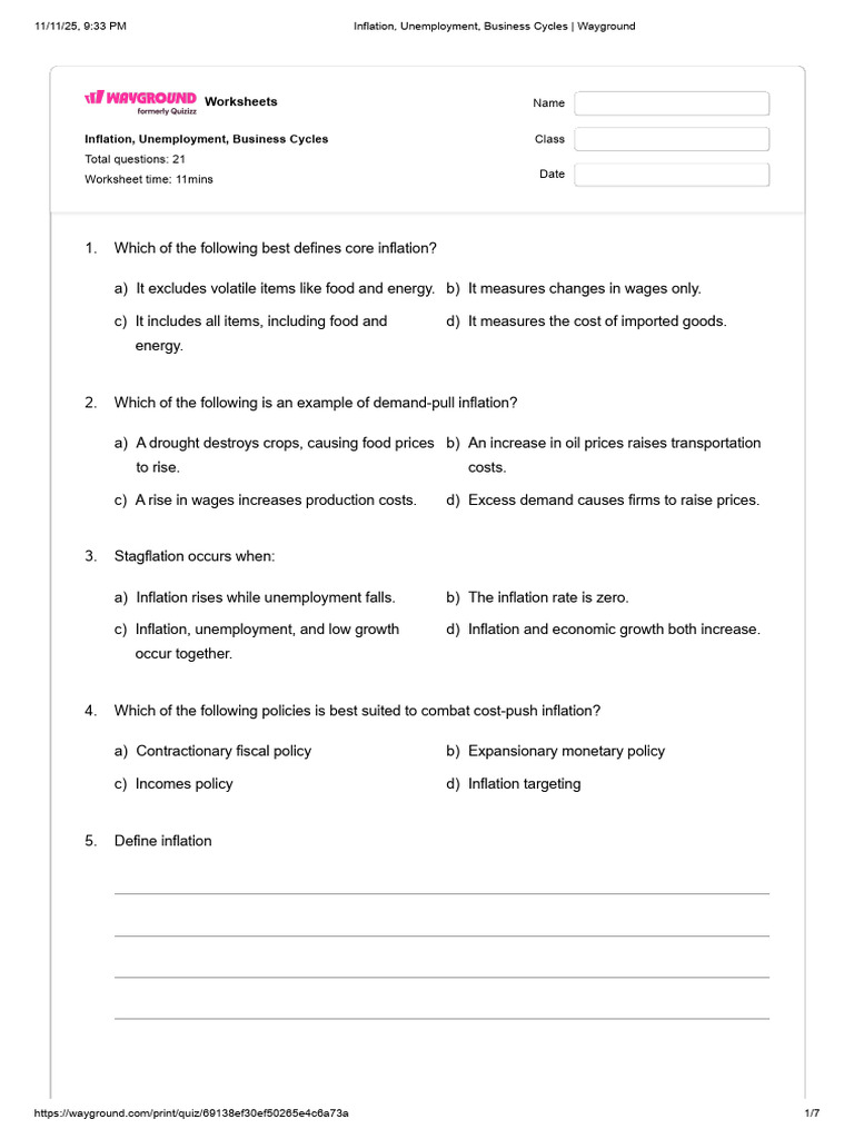 Inflation, Unemployment, Business Cycles - Wayground | PDF | Business ...