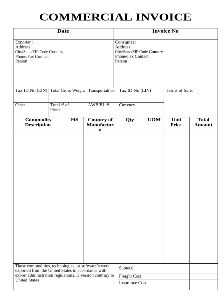 Commercial Invoice Template for Export | PDF