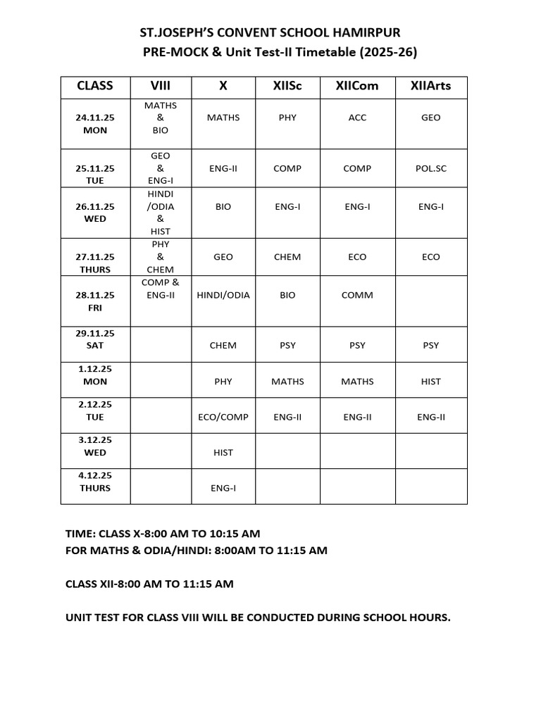 St. Joseph's Convent School Timetable 2025-26 | PDF
