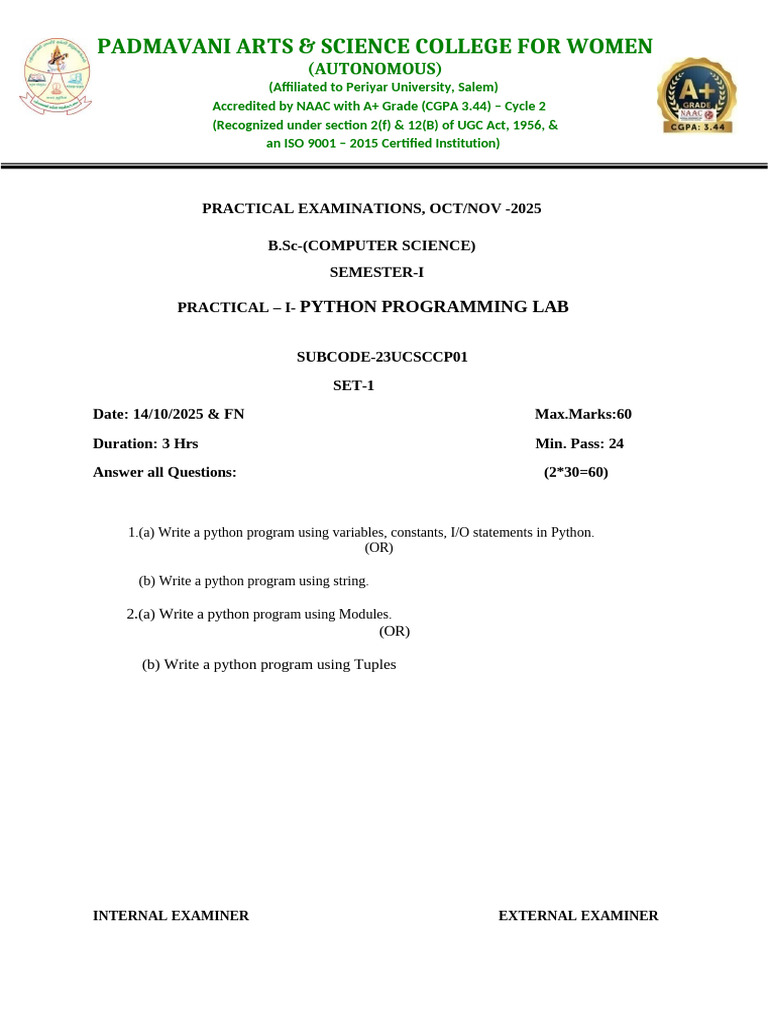 B.SC (CS) University Practical Question SET 1 FN | PDF