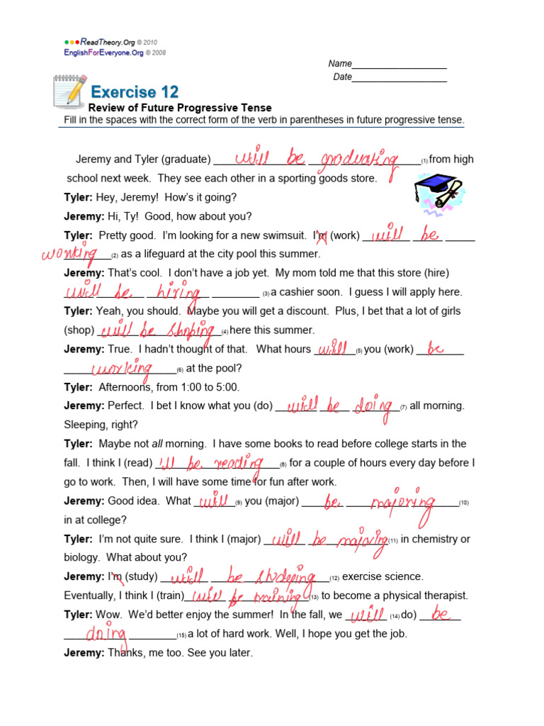 Future Progressive Tense Practice Exercise | PDF