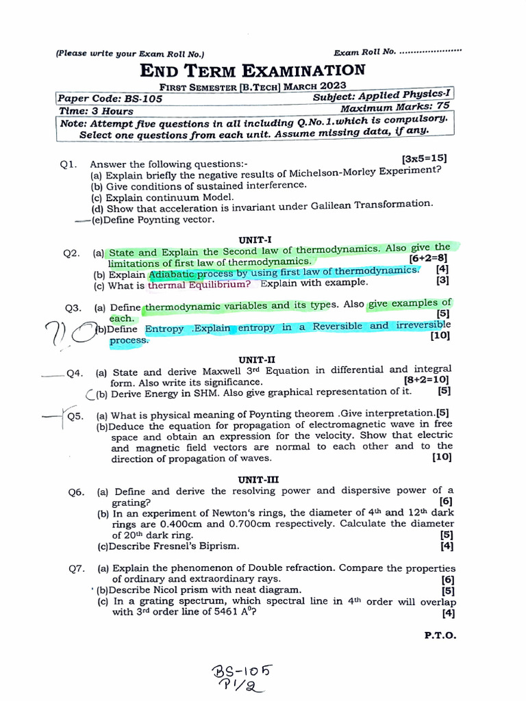 Applied Physics First Semester Previous Years Question Paper 1 | PDF