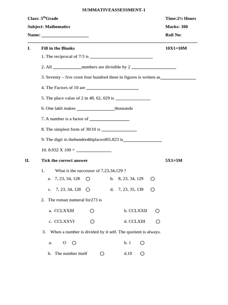 5th Grade Mathematics Assessment | PDF | Discrete Mathematics | Numbers