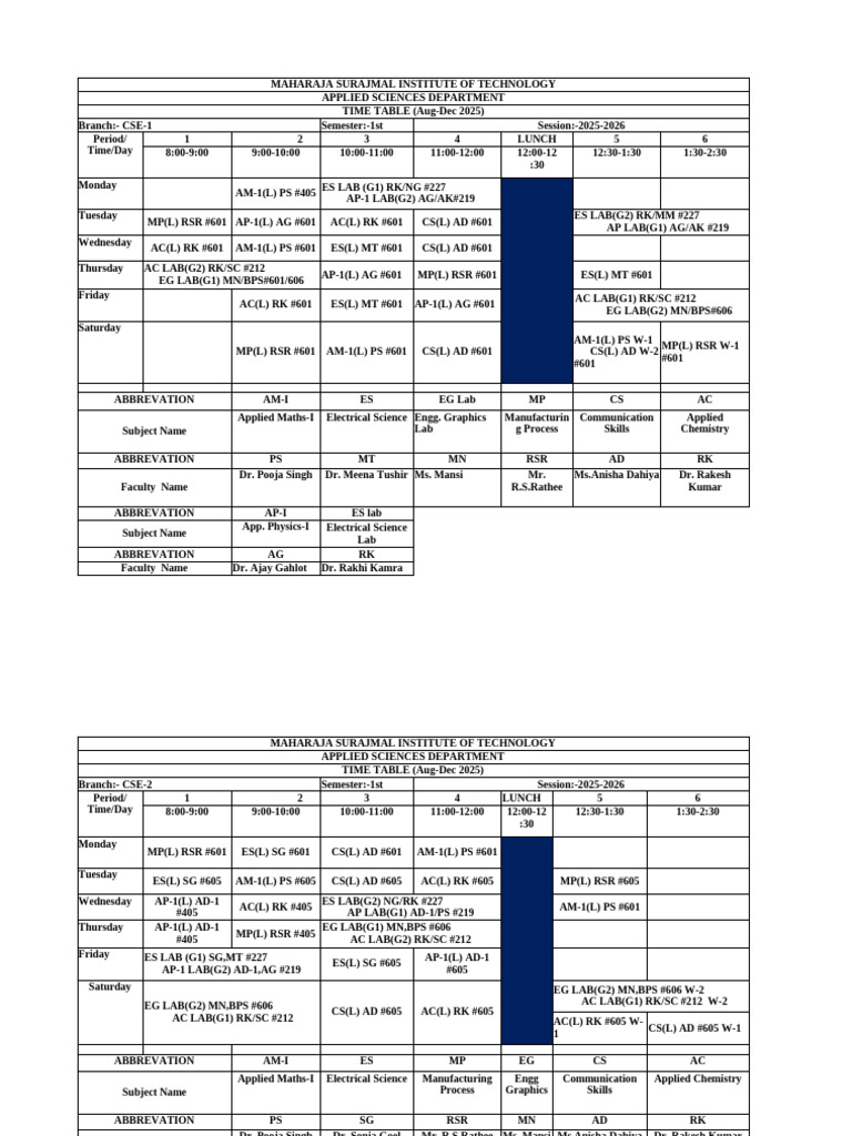CSE 1st Semester Time Table 2025-26 | PDF