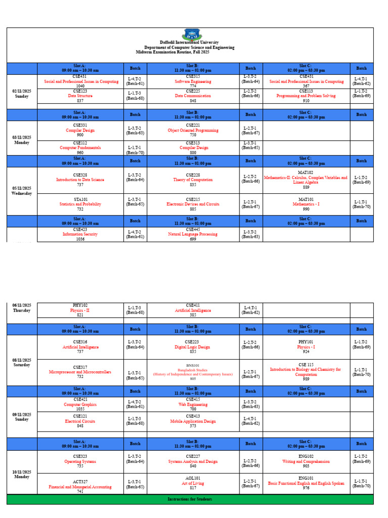 Cse Mid Exam Routine Fall 2025 Revised Db6da64720 | PDF | Algebra ...