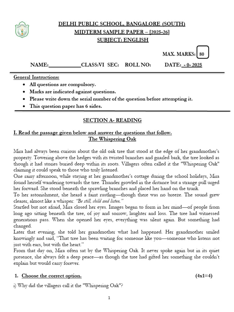 Grade 6 English Mid Term Sample Paper | PDF