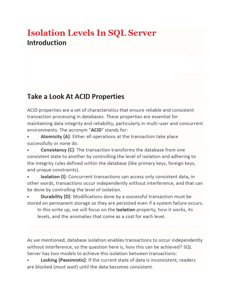 Isolation Levels in SQL Server | PDF | Acid | Database Transaction