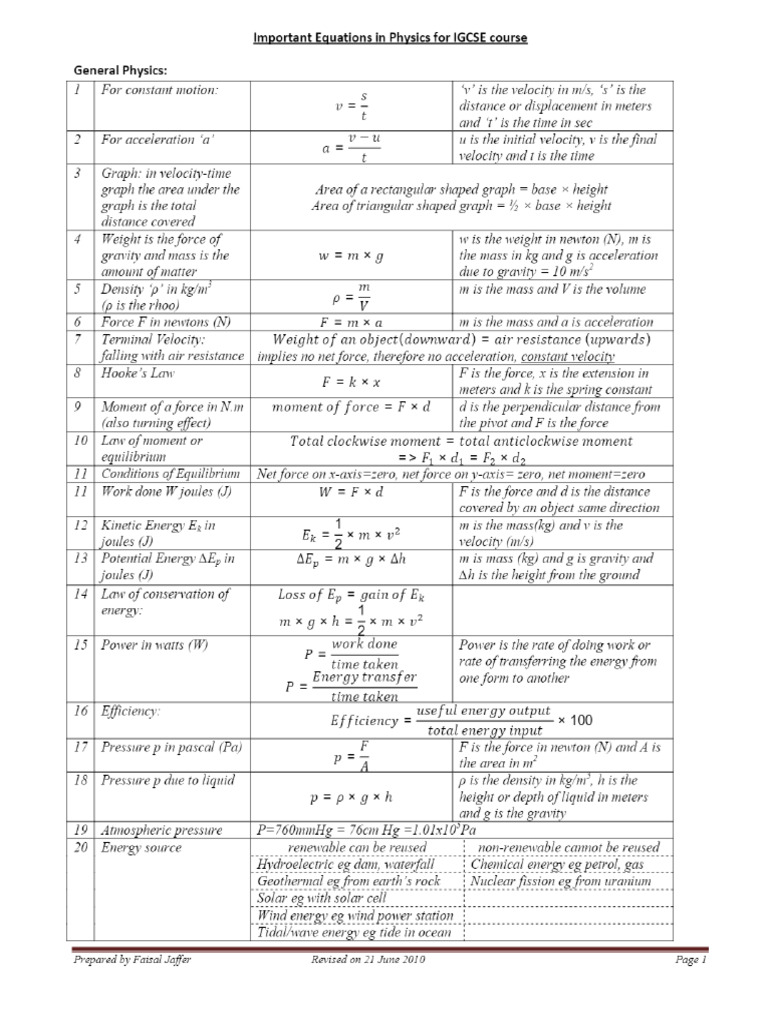 IGCSE Physics Formula Sheet | PDF