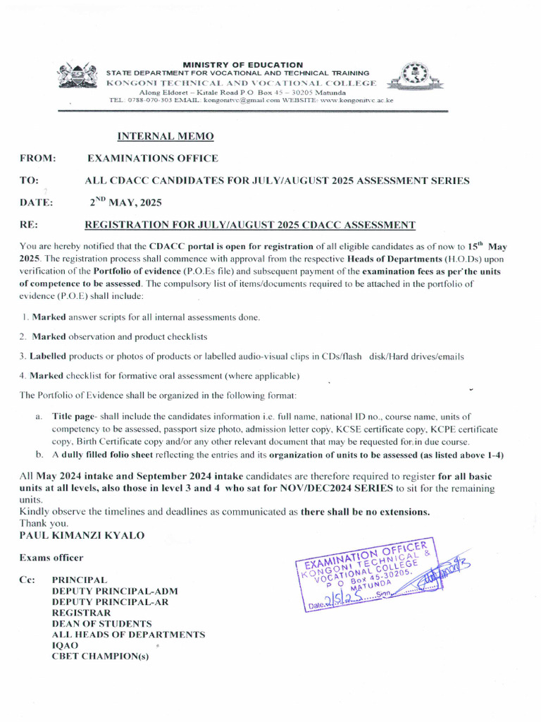 Cdacc Registration for Julyaugust 2025 Assessment Series Trainees Memo ...