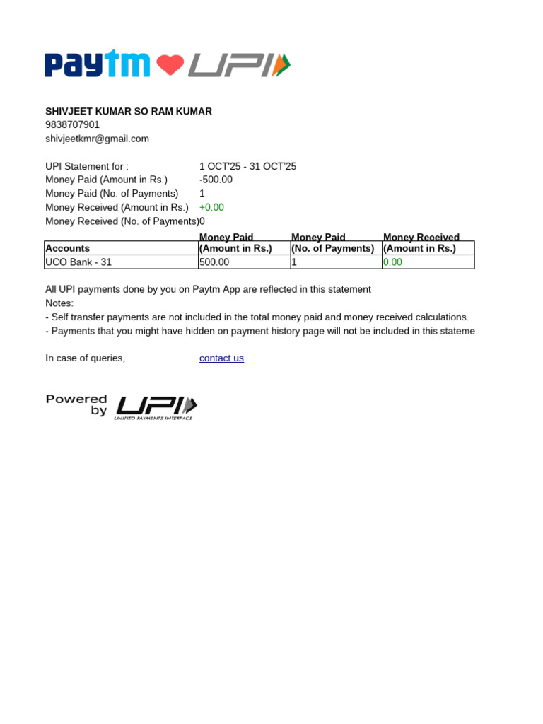 Paytm UPI Statement October 2025 | PDF