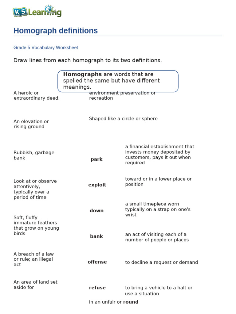 Grade 5 Homograph Homework 2 | PDF