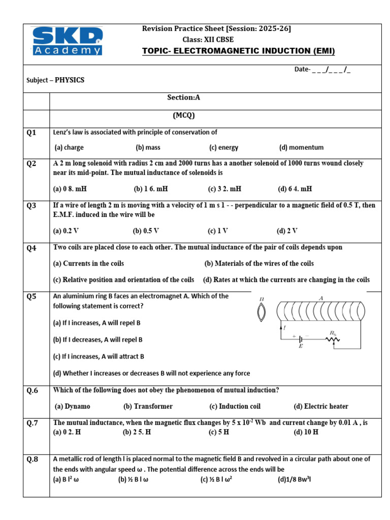 EMI Revision Practice for Class XII | PDF | Electromagnetic Induction ...