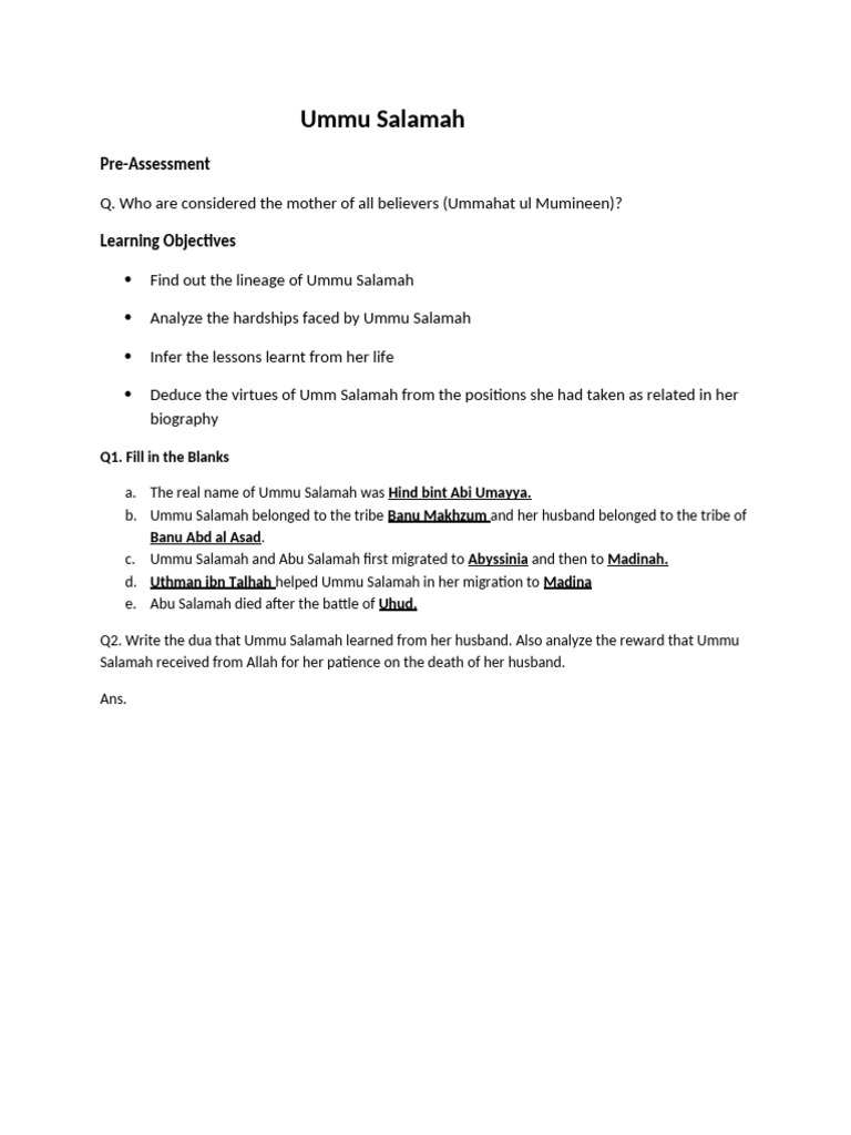 Ummu Salamah Islamic Notes | PDF | Muhammad | Banu Hashim