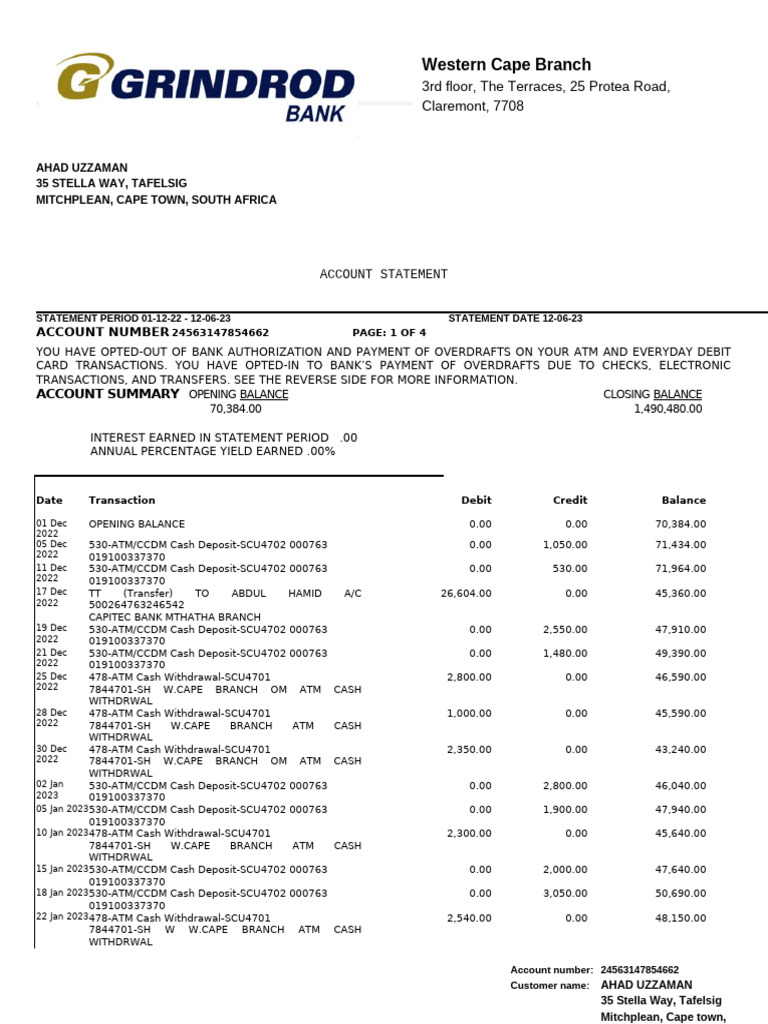Bank Grindord Statement | PDF | Overdraft | Debit Card