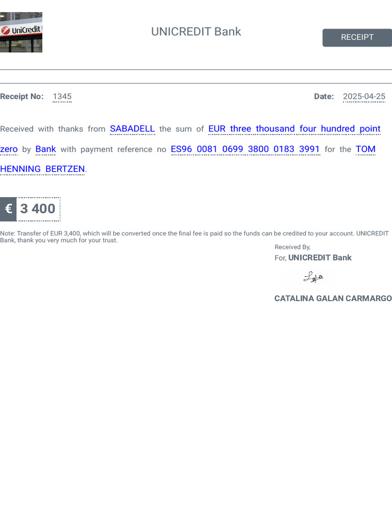 UNICREDIT Bank Receipt for EUR 3400 Transfer | PDF