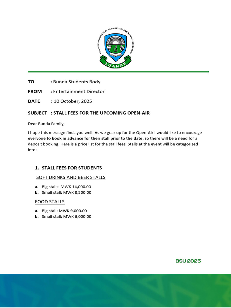 Stall Fees For The Upcoming Open Air 10 October - 080422 | PDF