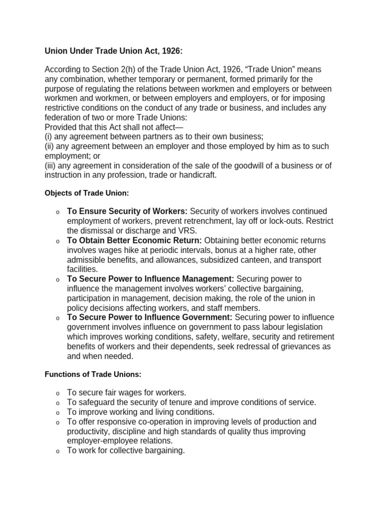 Union Under Trade Union Act 1926 | PDF | Trade Union | Employment