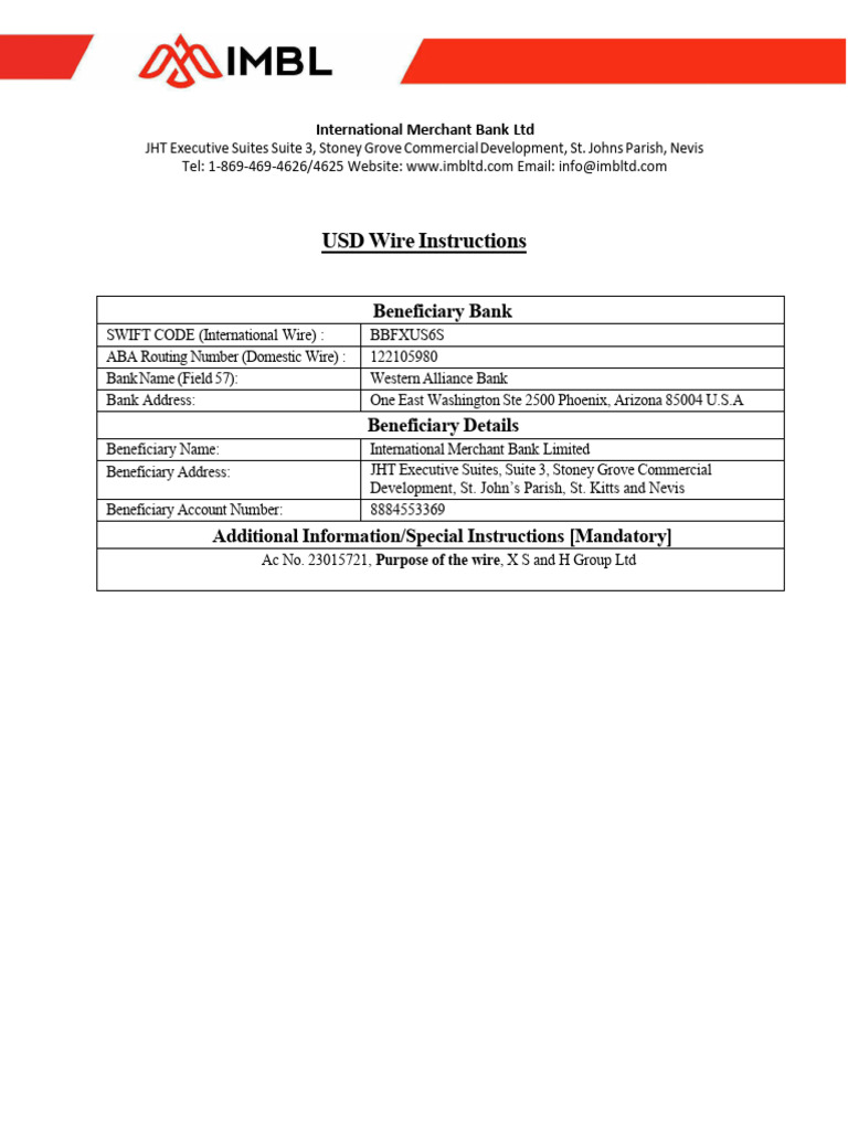 USD Wire Instructions for IMB Ltd | PDF