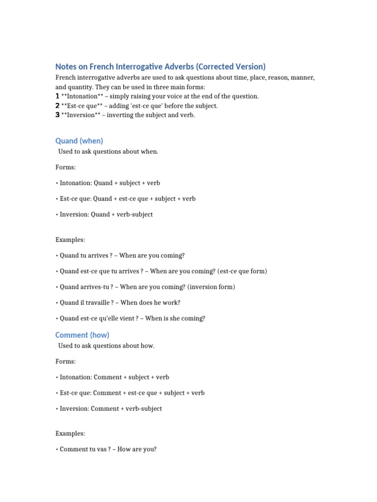 French Interrogative Adverbs Guide | PDF | Semantic Units | Linguistic ...