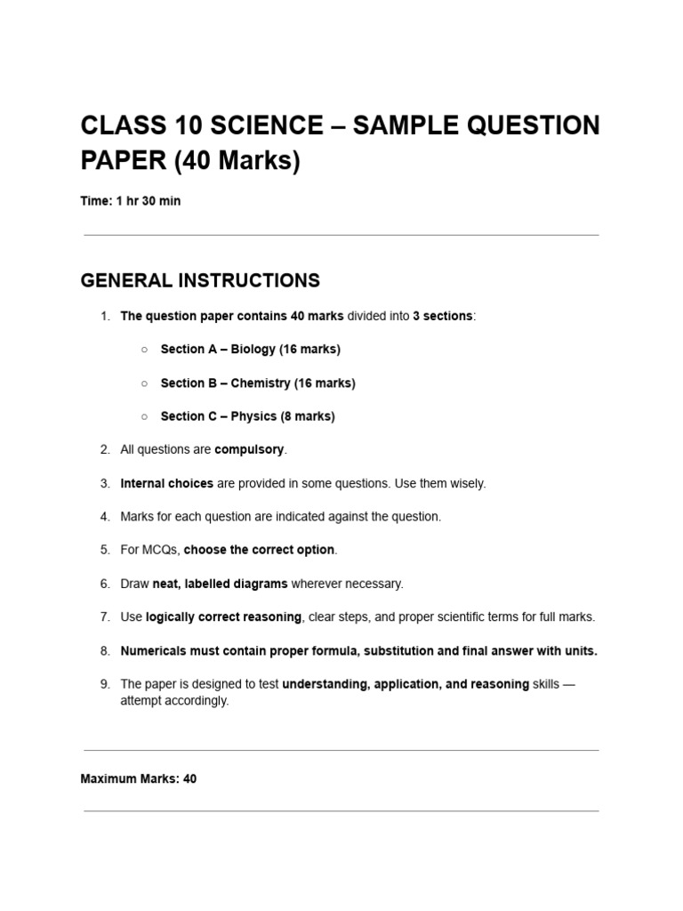 Class 10 Science Sample Question Paper | PDF