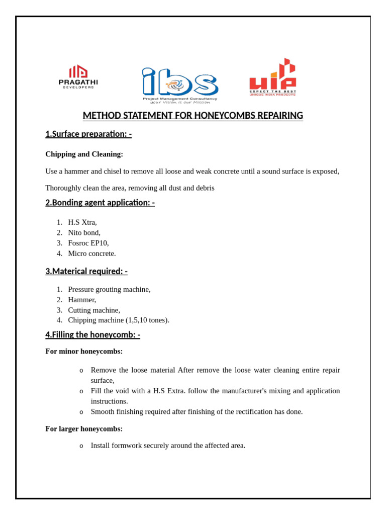 Method Statement for Honeycombs Repairing | PDF