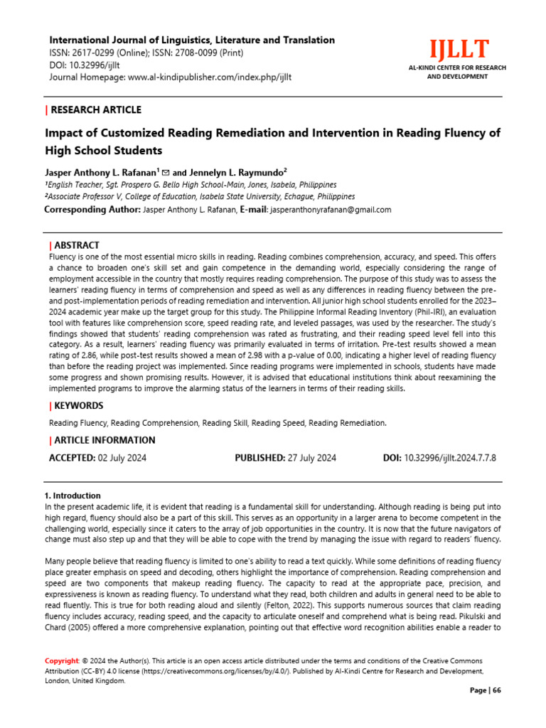 Impact of Customized Reading Remediation and Inter | PDF | Reading ...