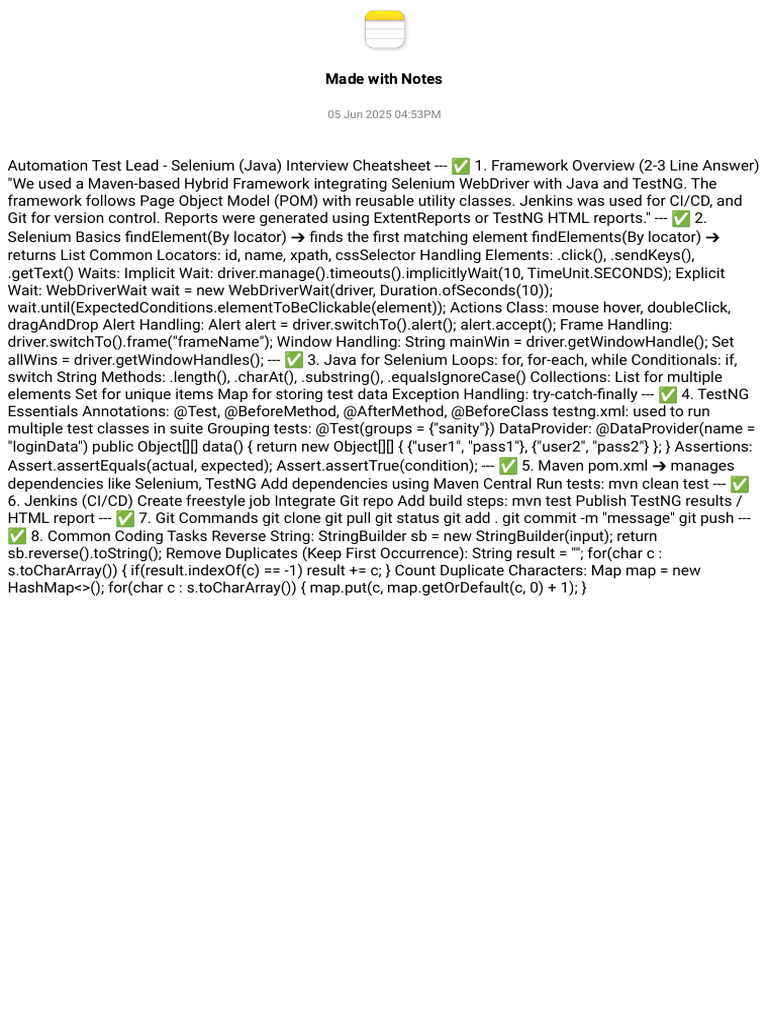 Automation Lead Cheat Sheet | PDF | Selenium (Software) | Software ...