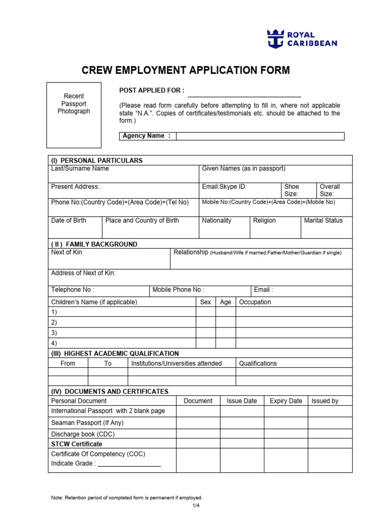 Crew Employment Application Form for Royal Caribbean | PDF