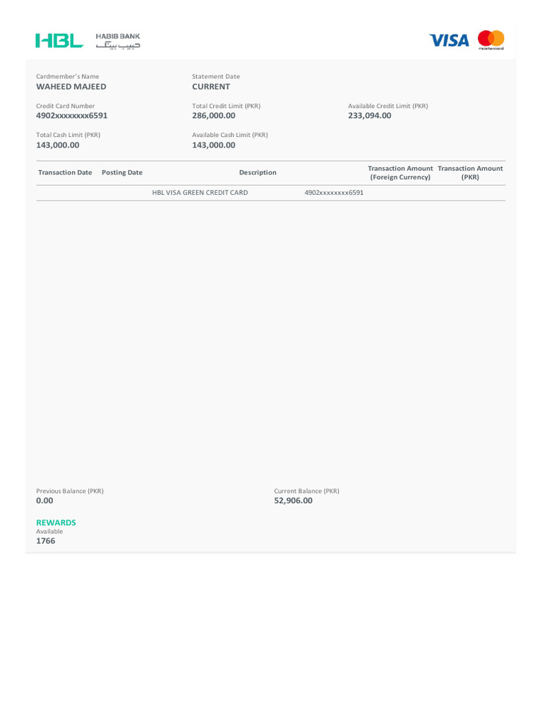 HBL Visa Green Credit Card Statement | PDF