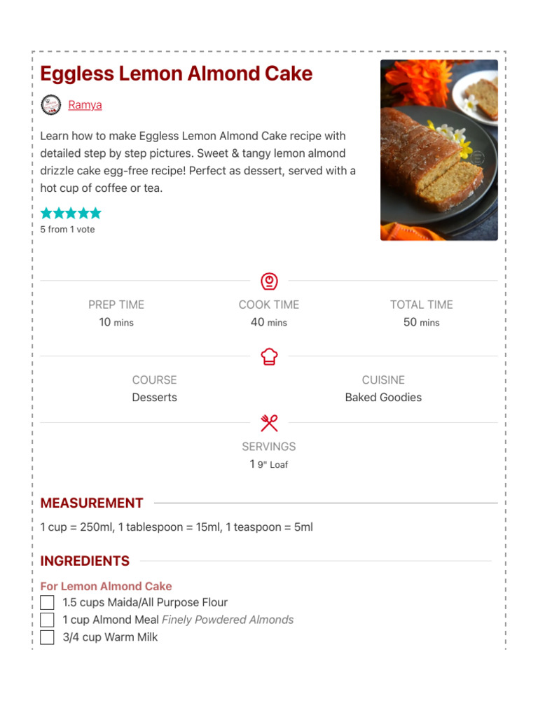 Eggless Lemon Almond Cake - Cooking From Heart | PDF | Cakes | Teaspoon