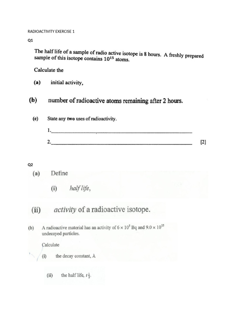 Radioactivity Exercise 1 | PDF