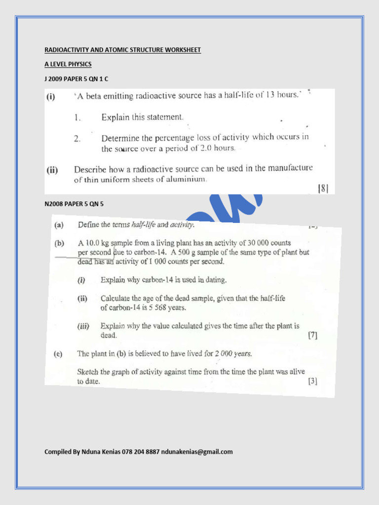 Radioactivity and Atomic Structure Worksheet | PDF | Neutron | Atoms