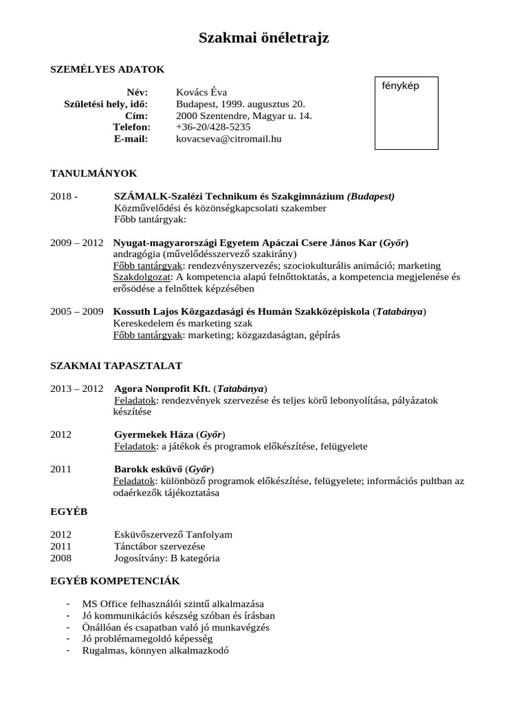 Önéletrajz Minta Sablon | PDF