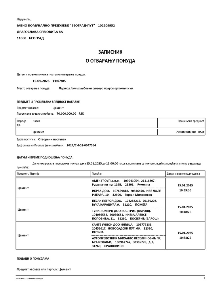 Zapisnik o Otvaranju Ponuda | PDF