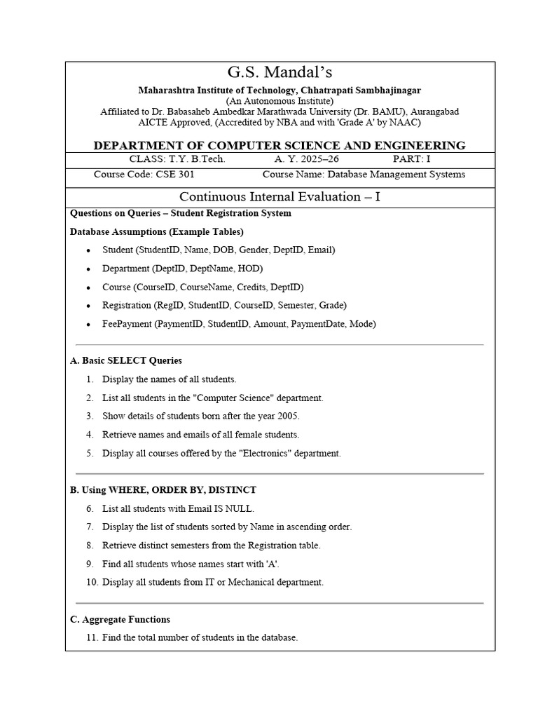 Dbms Cie i Term i 2025-26 | PDF | Databases | Computing