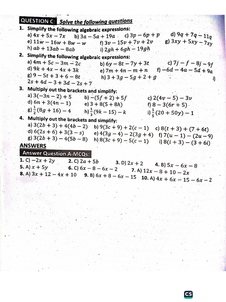 Exercise of Simplifying Algebraic Expression | PDF