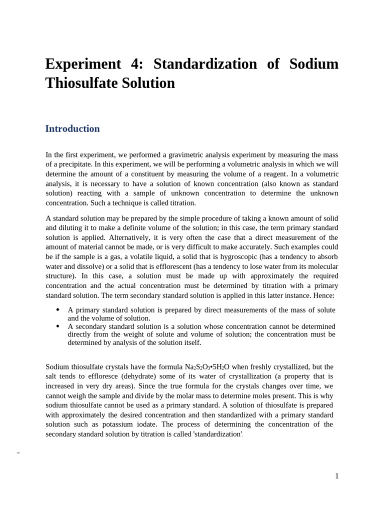 Lab 4-Standardization of Sodium Thiosulfate Solution 4 | PDF | Titration | Chemistry