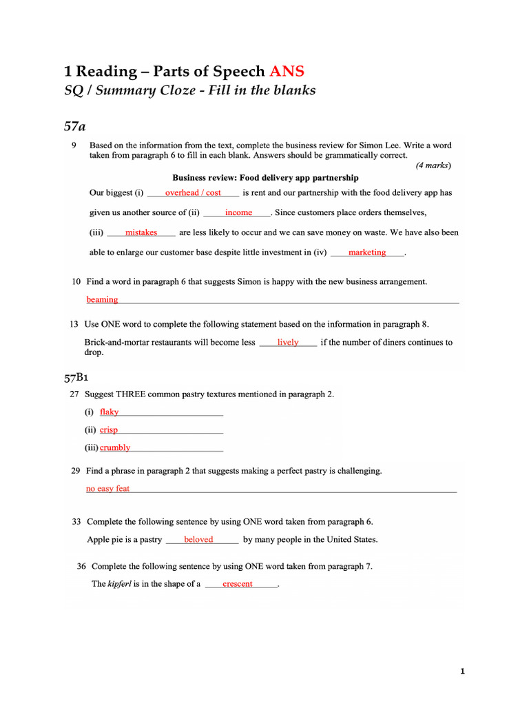 ANS-Parts of Speech - Reading - SQ - Summary Cloze - Fill in The Blanks ...