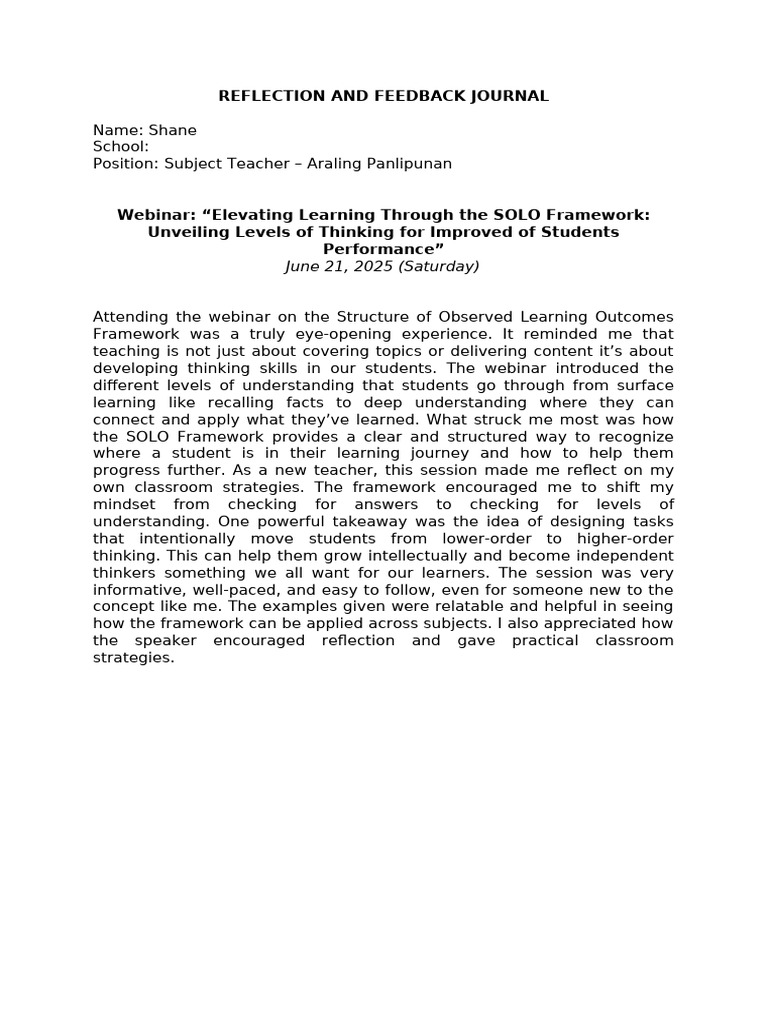 Reflection and Feedback Journal | PDF | Educational Assessment | Teachers