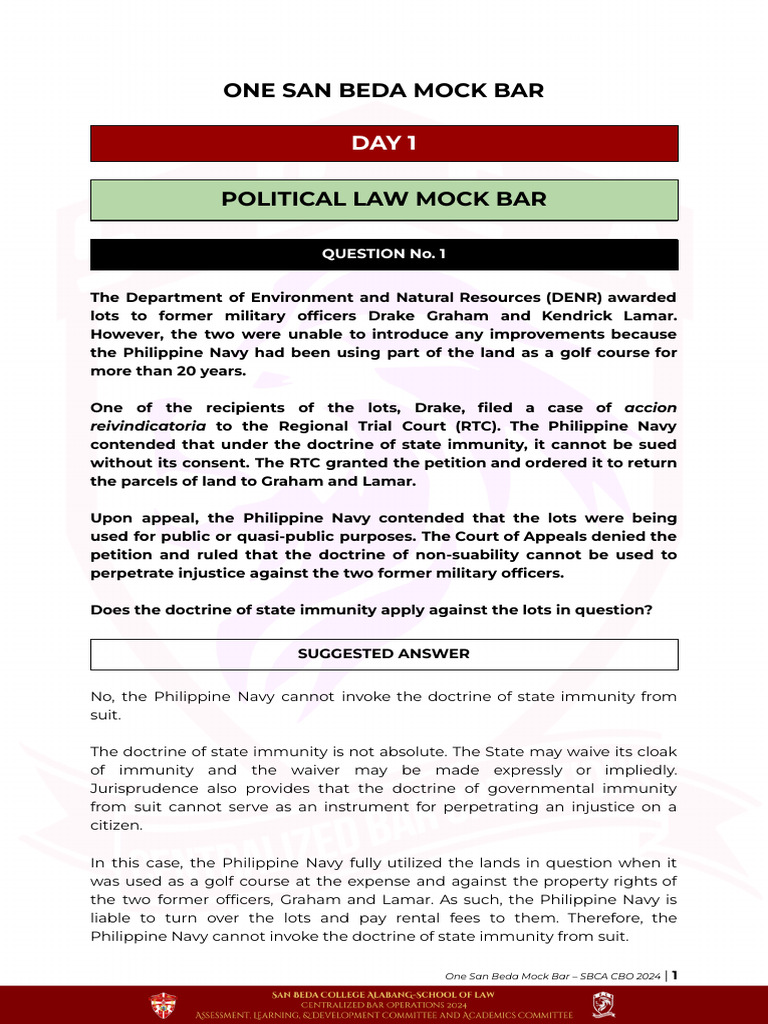 San Beda Political Law Mock Bar 2024 | PDF | Diplomatic Mission ...
