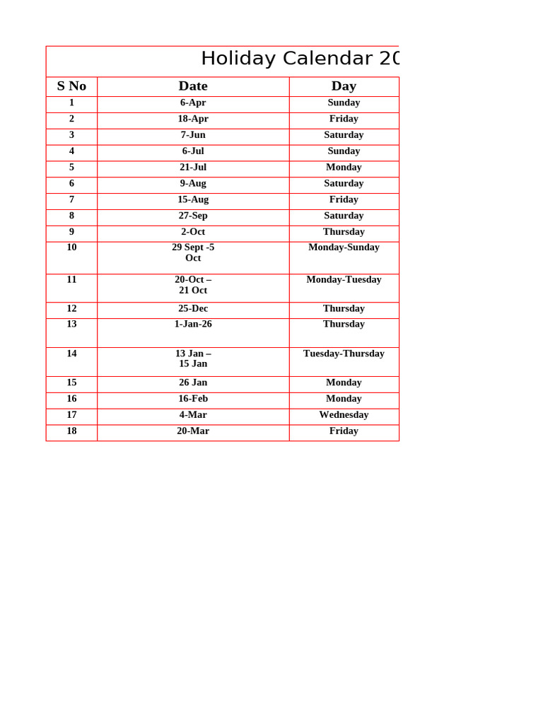 2025-26 Holiday Calendar Overview | PDF