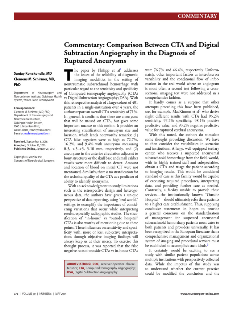 Commentary- Comparison Between CTA and Digital Subtraction Angiography ...