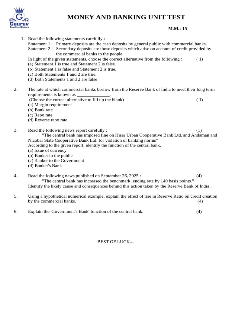 Money and Banking Unit Test Questions | PDF