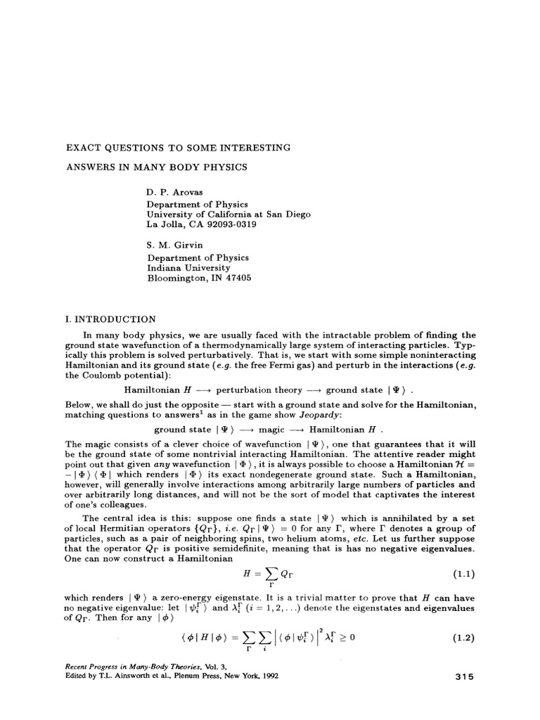 Arovas-Exact Questions To Some Intersting Answers | PDF | Perturbation ...