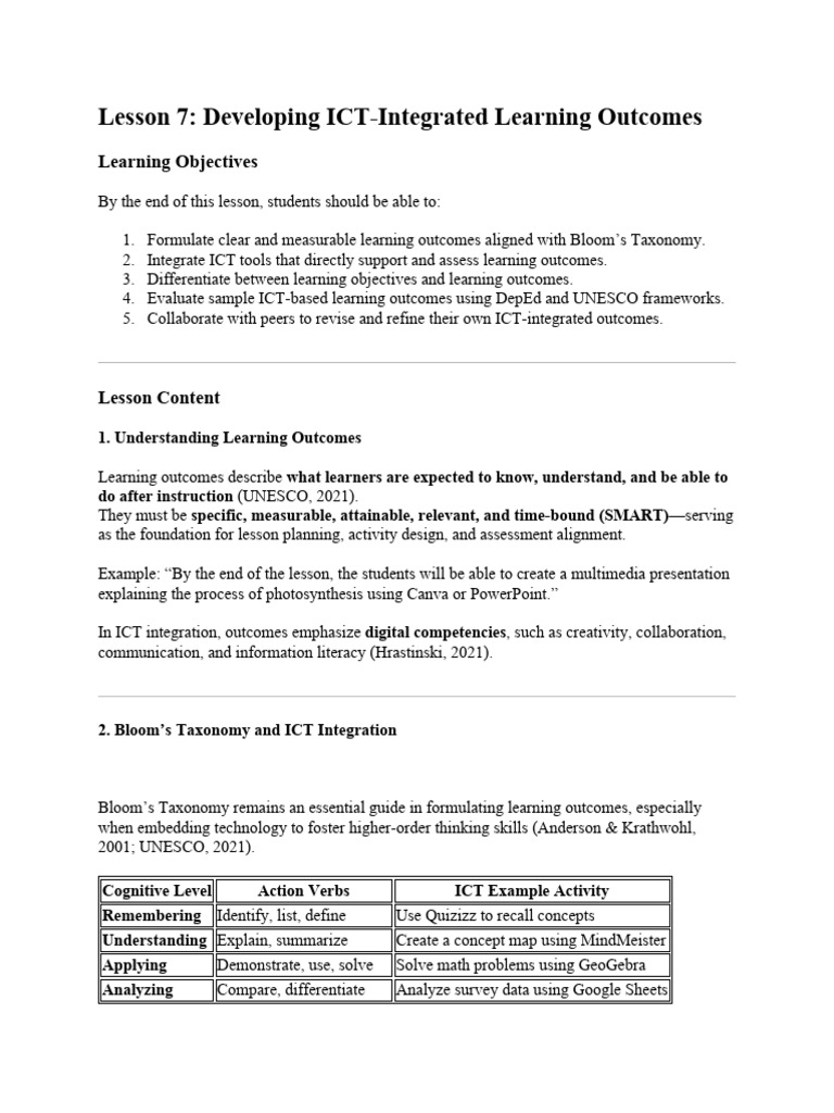 Lesson 7 TTL2 Developing ICT Integrated Learning Outcomes | PDF | Educational Technology | Learning