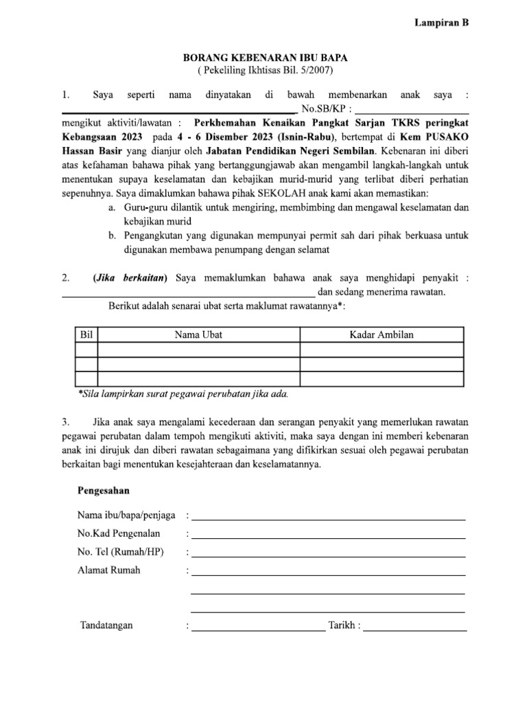 Surat Kebenaran Perkhemahan | PDF