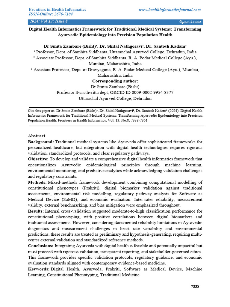 Digital Health Framework for Ayurveda | PDF | Biomarker | Methodology