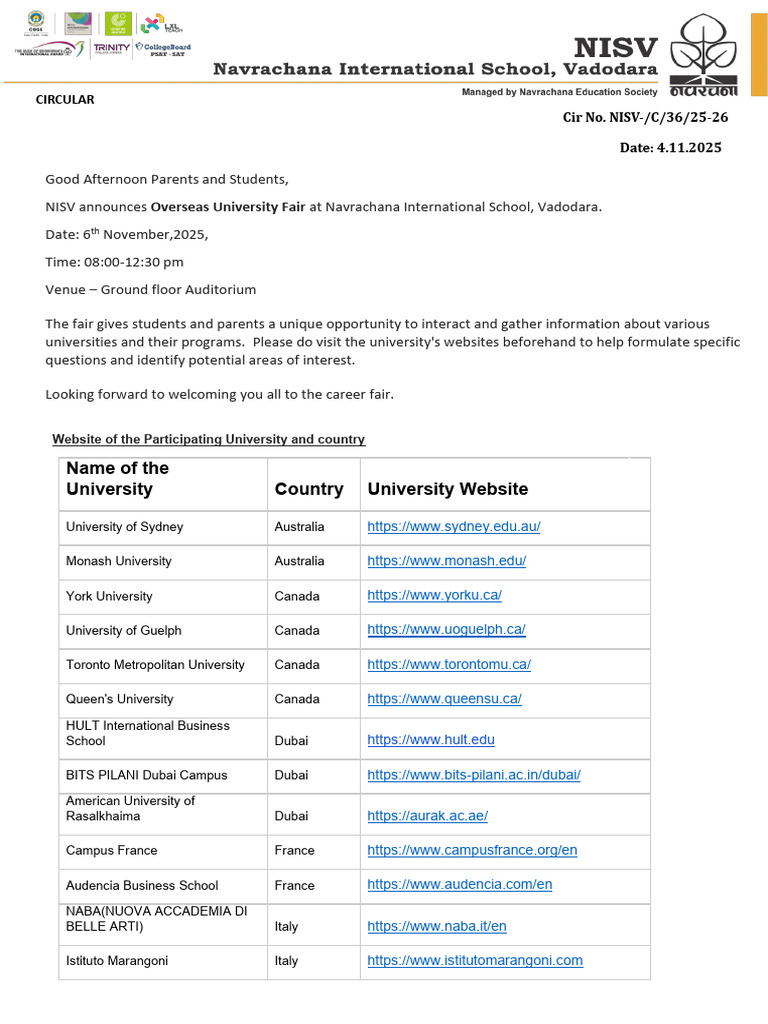 CBSE Circular No. 36 Overseas University Fair | PDF | Milan